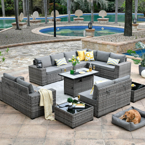 13PC Outdoor Set | Sectional with Broad Handrails & Fire Pit
