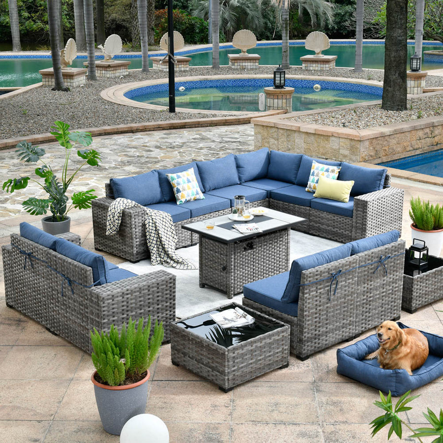 13PC Outdoor Set | Sectional with Broad Handrails & Fire Pit