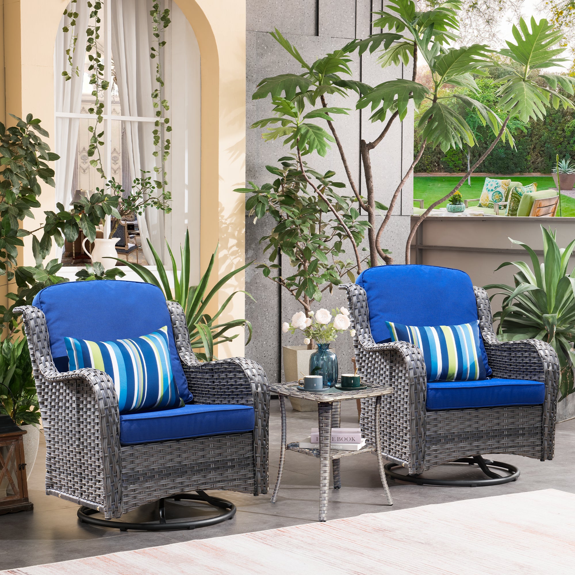 3 Piece Wicker Bistro Set with Cushions Patio Conversation Set Grey Wicker Navy Blue Cushion