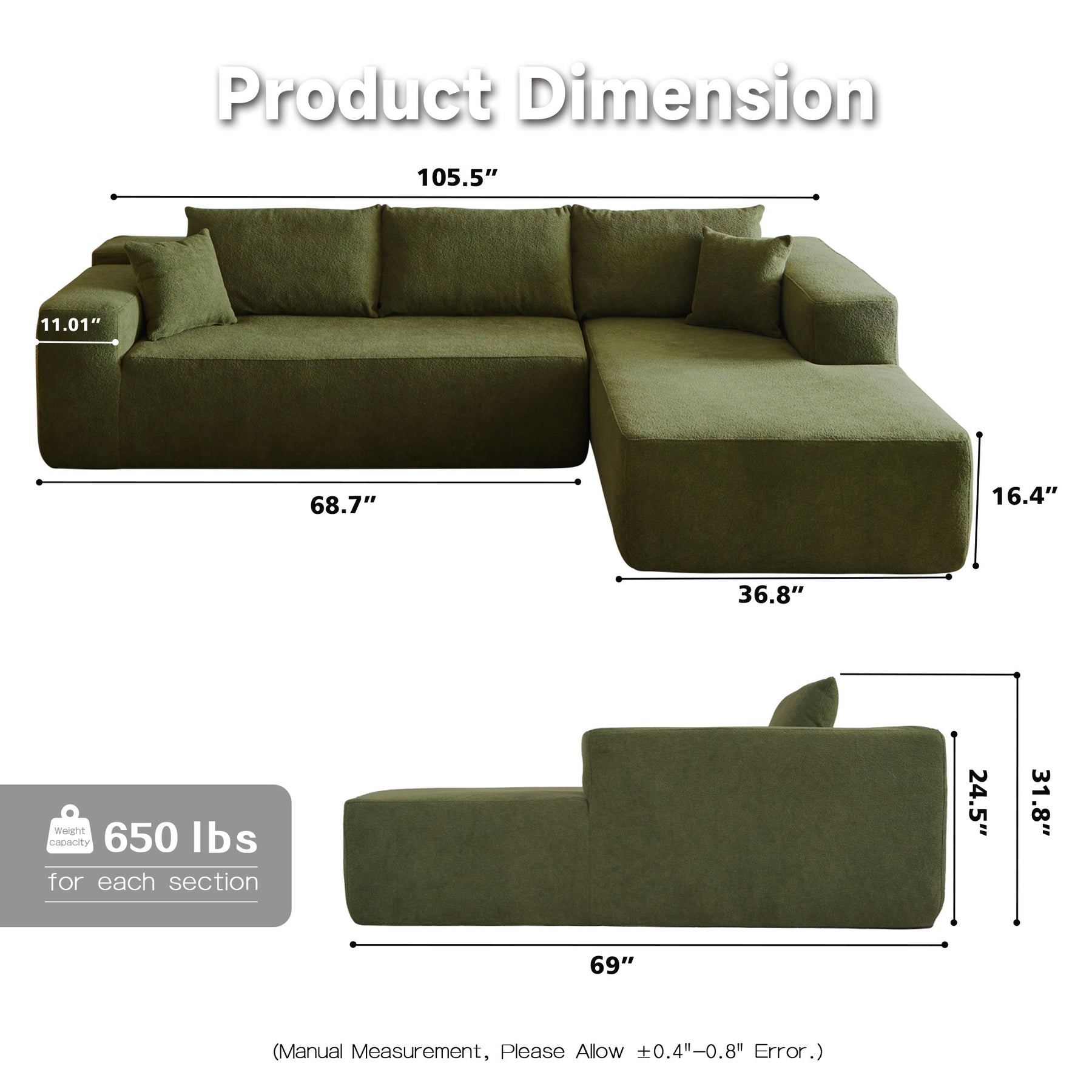 Modular L-Shape Cloud Couch with Chaise | Velvet Fabric