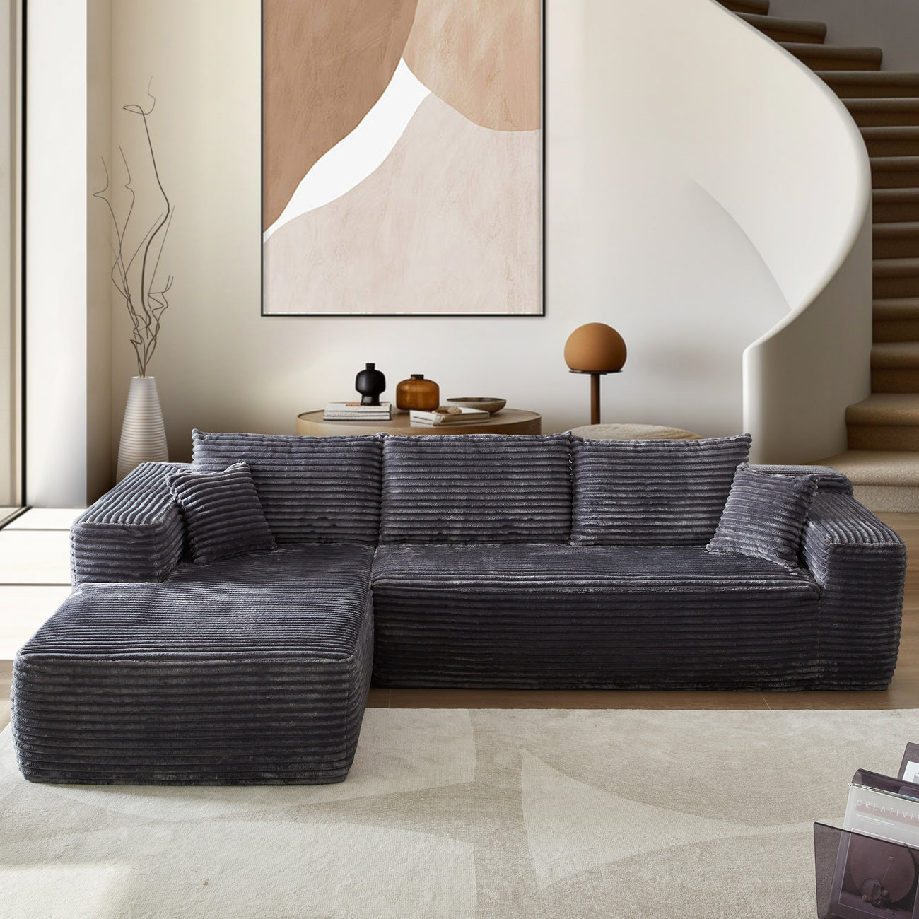 Ovios 104" L-Shape Modular Couch with Chaise, Plush Corduroy Fabric, N
