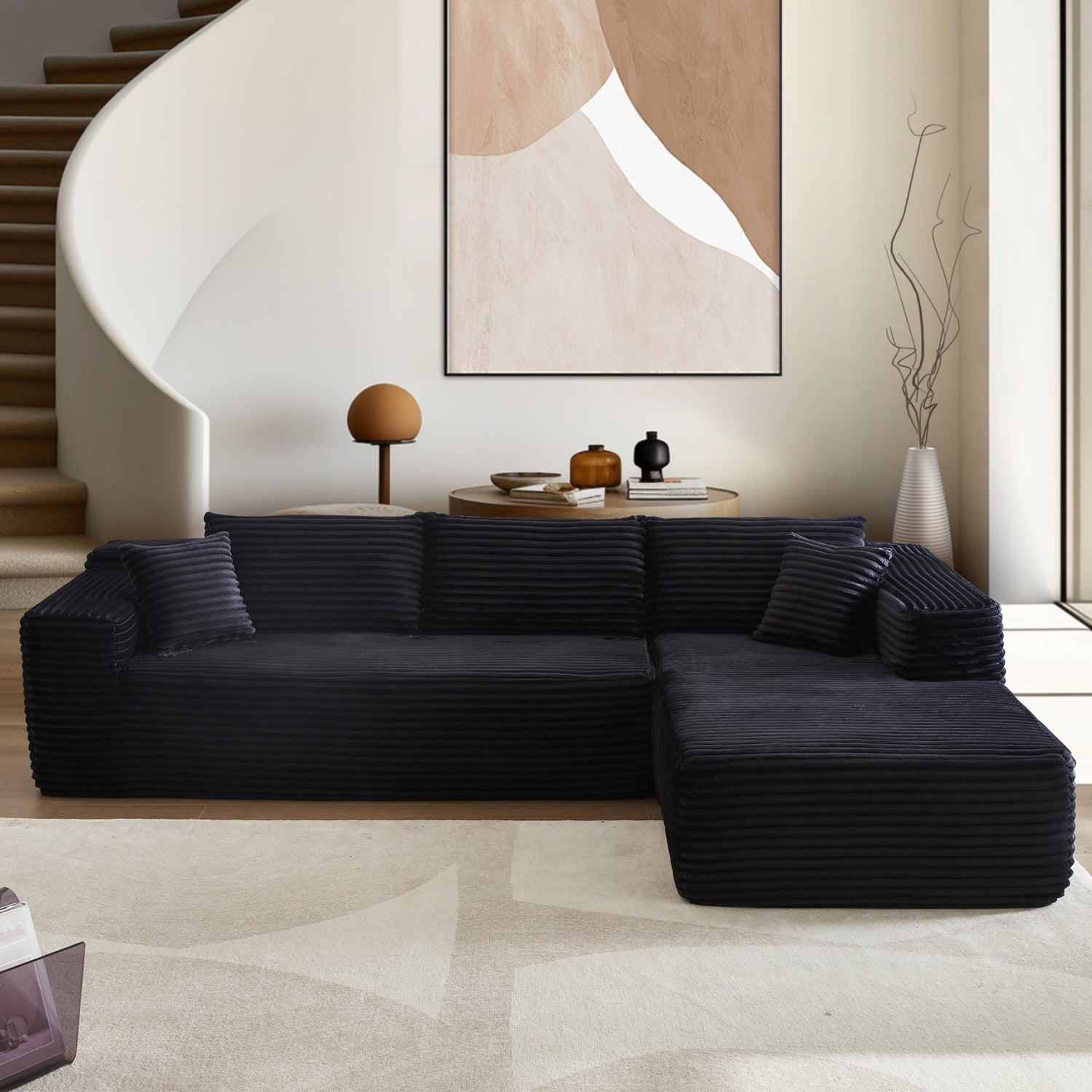 Ovios 104" L-Shape Modular Couch with Chaise, Plush Corduroy Fabric, N