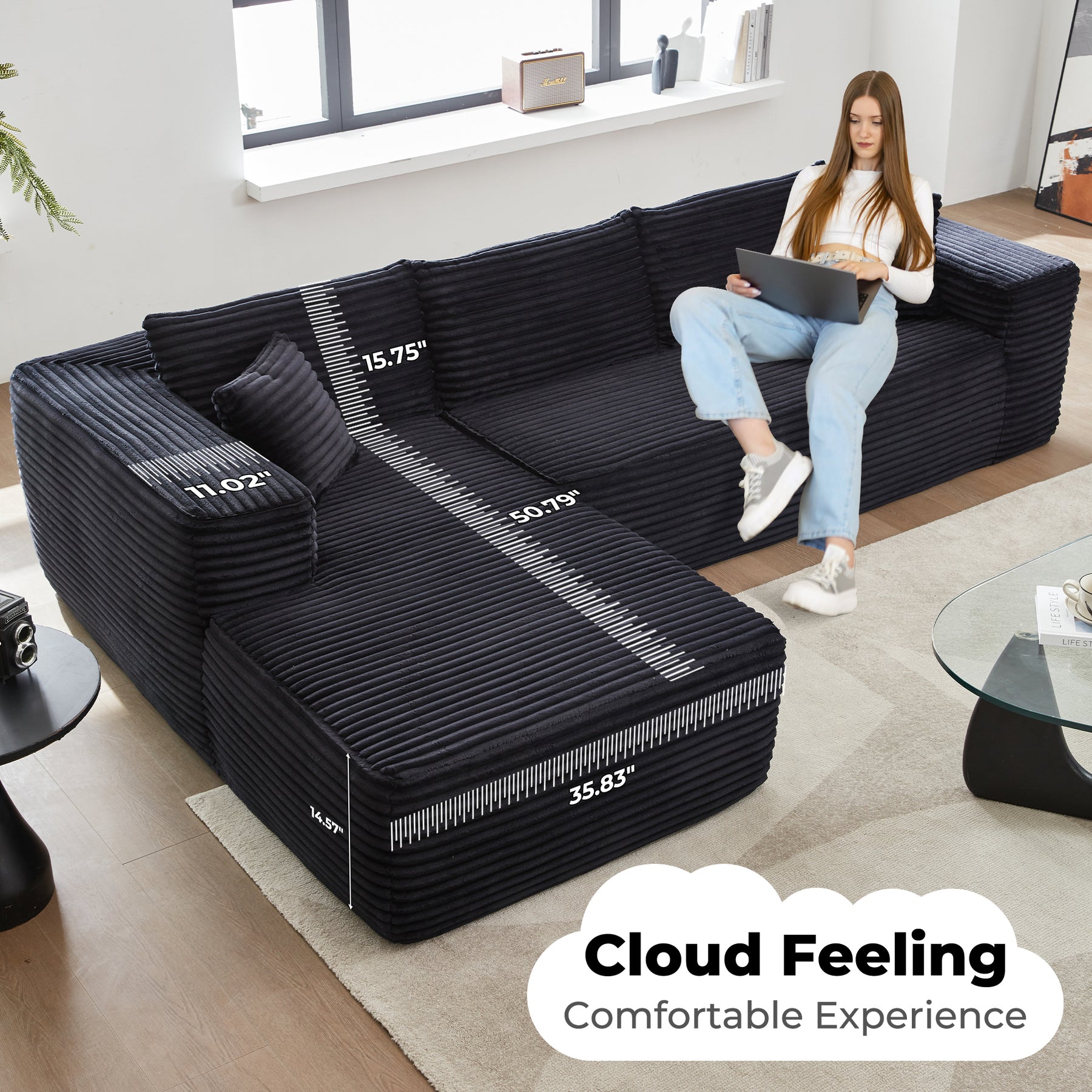 Ovios 104" L-Shape Modular Couch with Chaise, Plush Corduroy Fabric, N