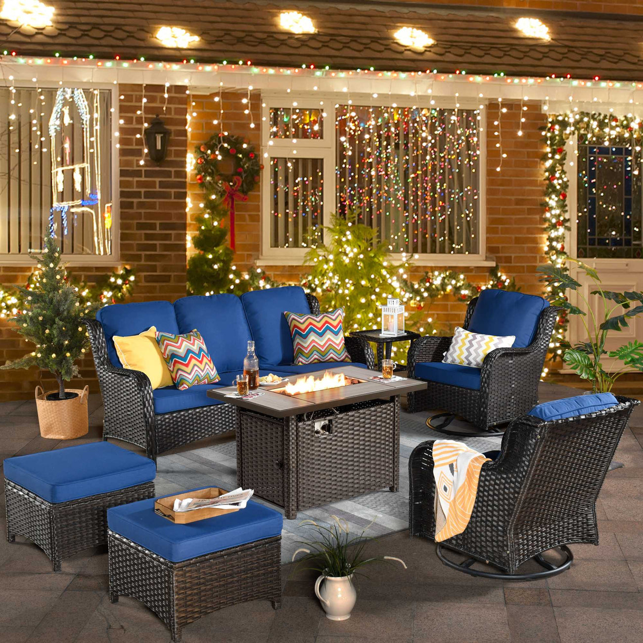 Ovios Patio 7-Piece Set with Fire Pit Table and Rocking Chairs